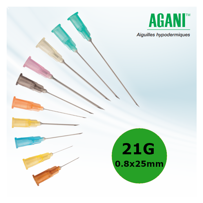 Aiguilles Agani Terumo 21G 0.8x25mm, Vert, Boîte de 100 - FM Medical