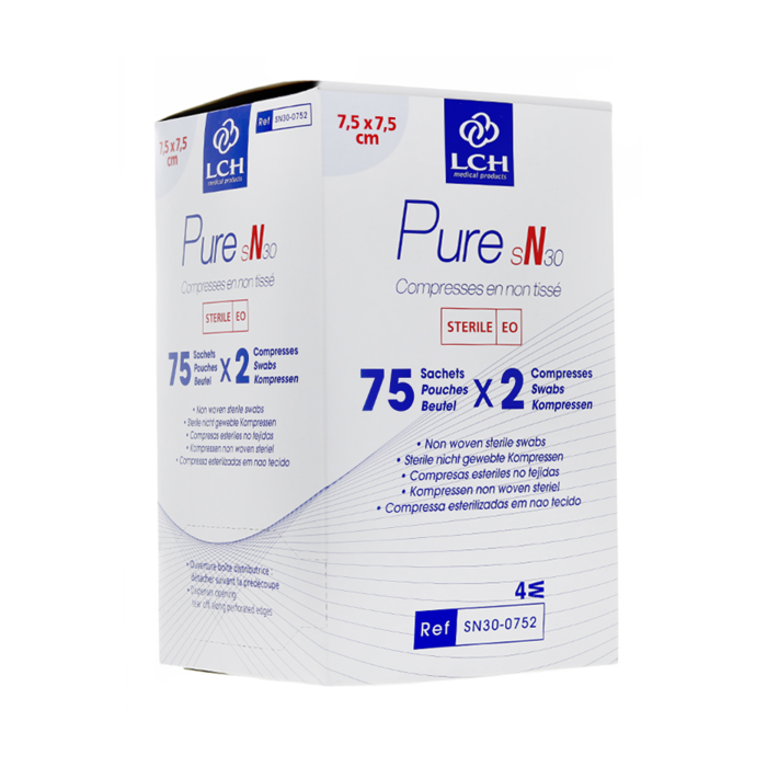 Compresses non-tissé stériles 7.5 cm x 7.5 cm, boîte de 75 sachets de 2 ...